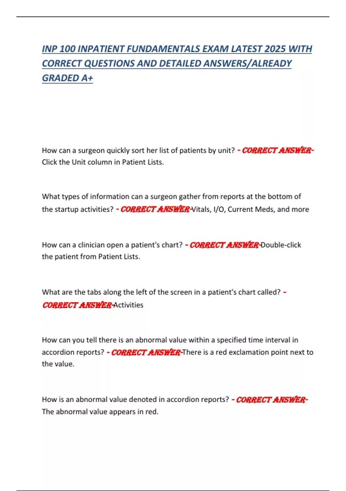 INP 100 INPATIENT FUNDAMENTALS EXAM LATEST 2025 WITH CORRECT QUESTIONS ...
