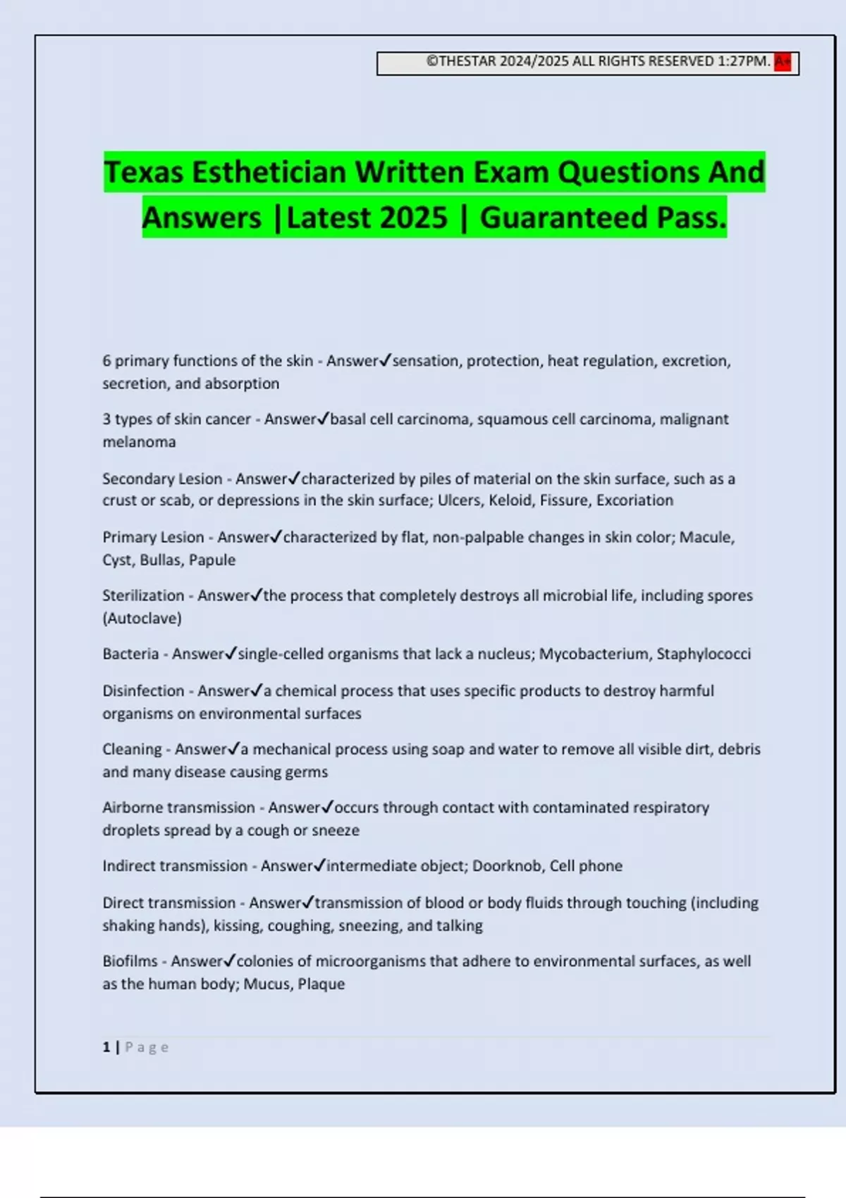 Texas Esthetician Written Exam Questions And Answers |Latest 2025 ...
