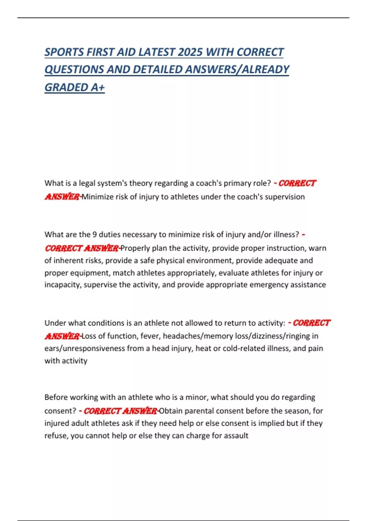 SPORTS FIRST AID LATEST 2025 WITH CORRECT QUESTIONS AND DETAILED ...
