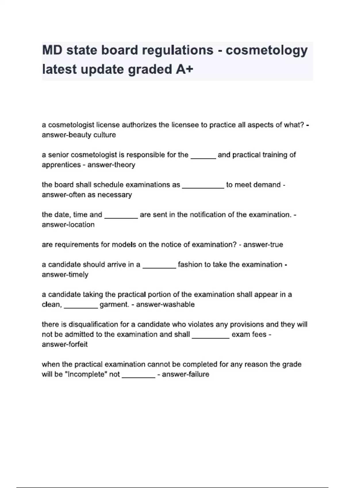 MD state board regulations - cosmetology latest update graded A+ ...