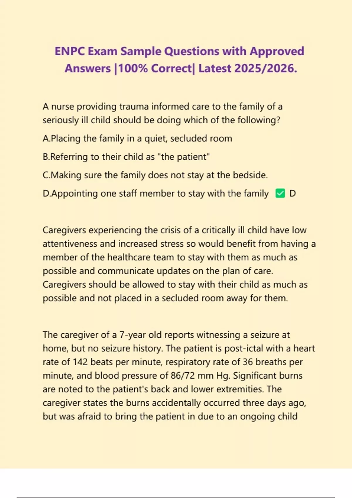 ENPC Exam Sample Questions with Approved Answers |100% Correct| Latest ...