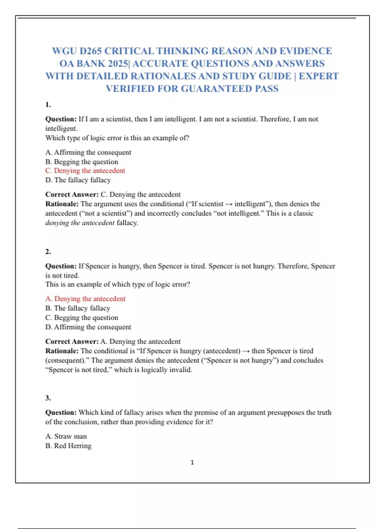 WGU D265 CRITICAL THINKING REASON AND EVIDENCE OA BANK 2025| ACCURATE ...