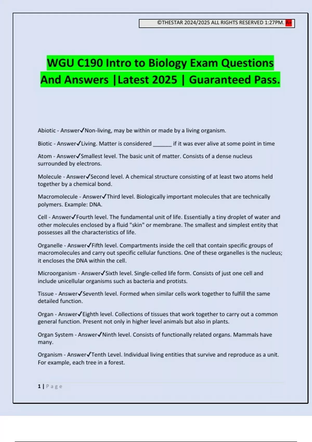 WGU C190 Intro to Biology Exam Questions And Answers |Latest 2025 ...