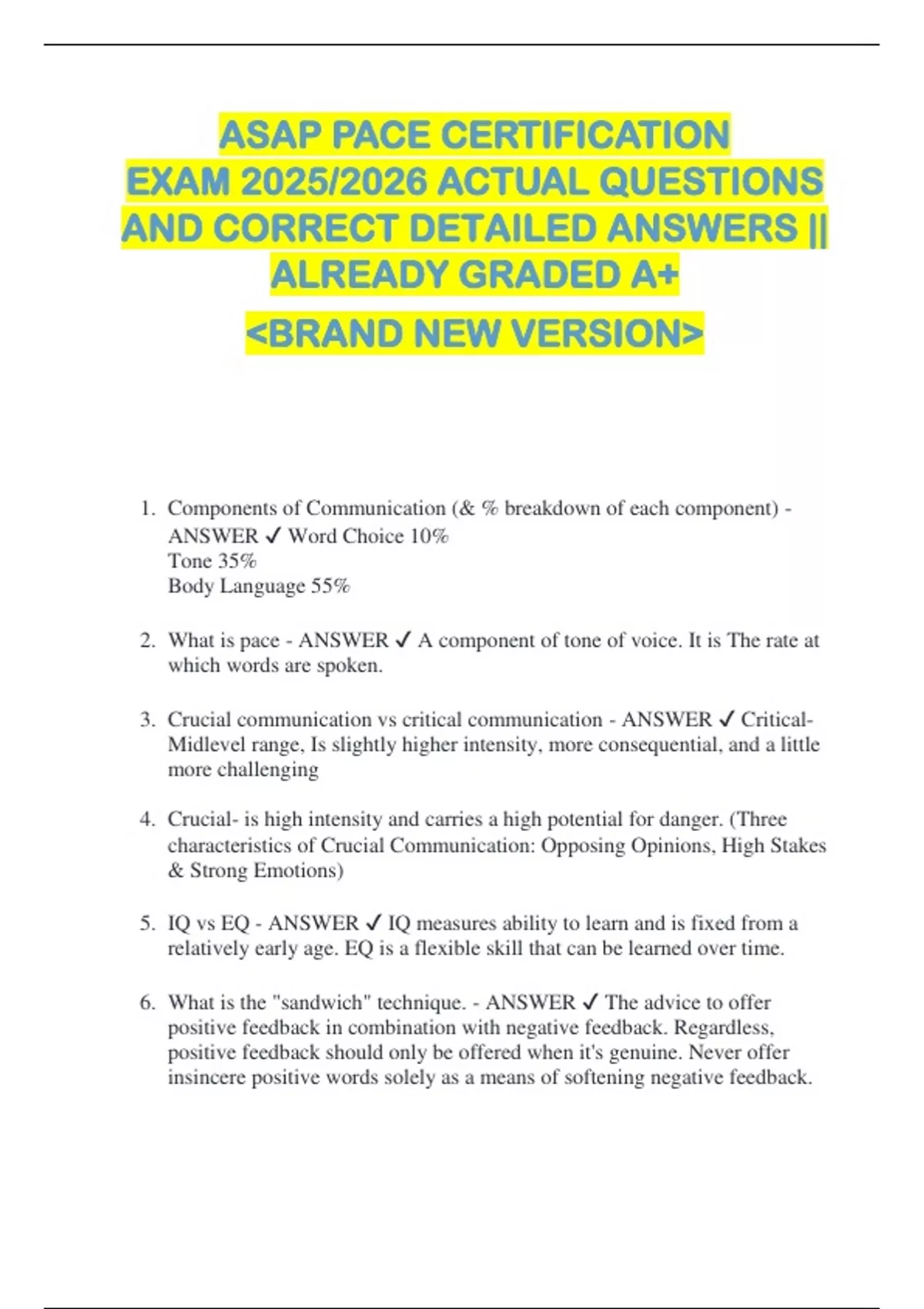 ASAP PACE CERTIFICATION EXAM 2025/2026 ACTUAL QUESTIONS AND CORRECT ...
