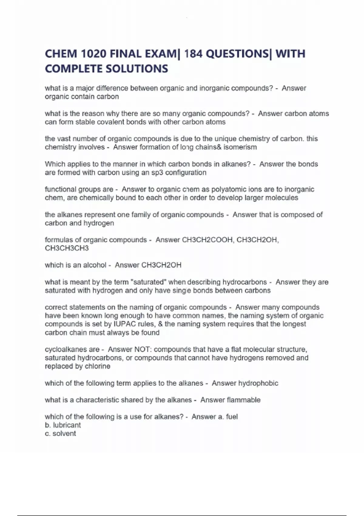 CHEM 1020 FINAL EXAM| 184 QUESTIONS| WITH COMPLETE SOLUTIONS - CHEM 1020 - Stuvia US