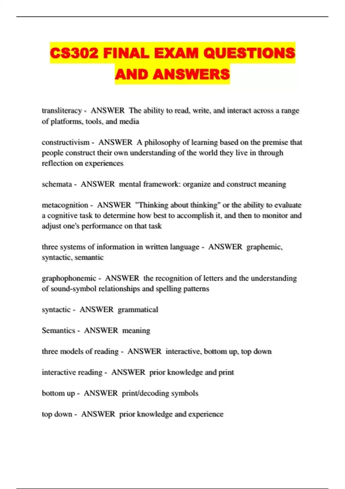 CS302 FINAL EXAM QUESTIONS AND ANSWERS - CS302 - Stuvia US