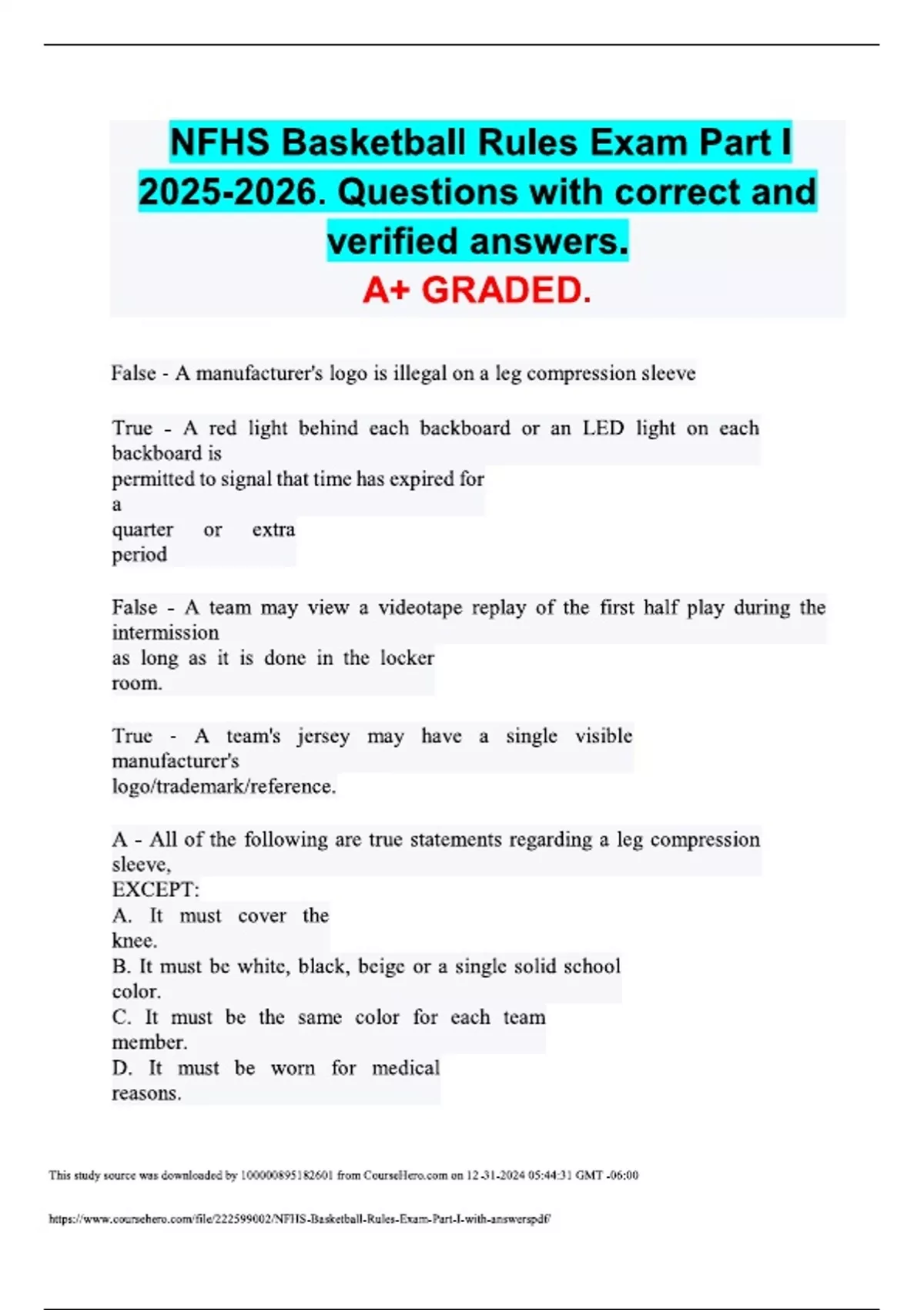 NFHS Basketball Rules Exam Part I . Questions with correct and verified ...