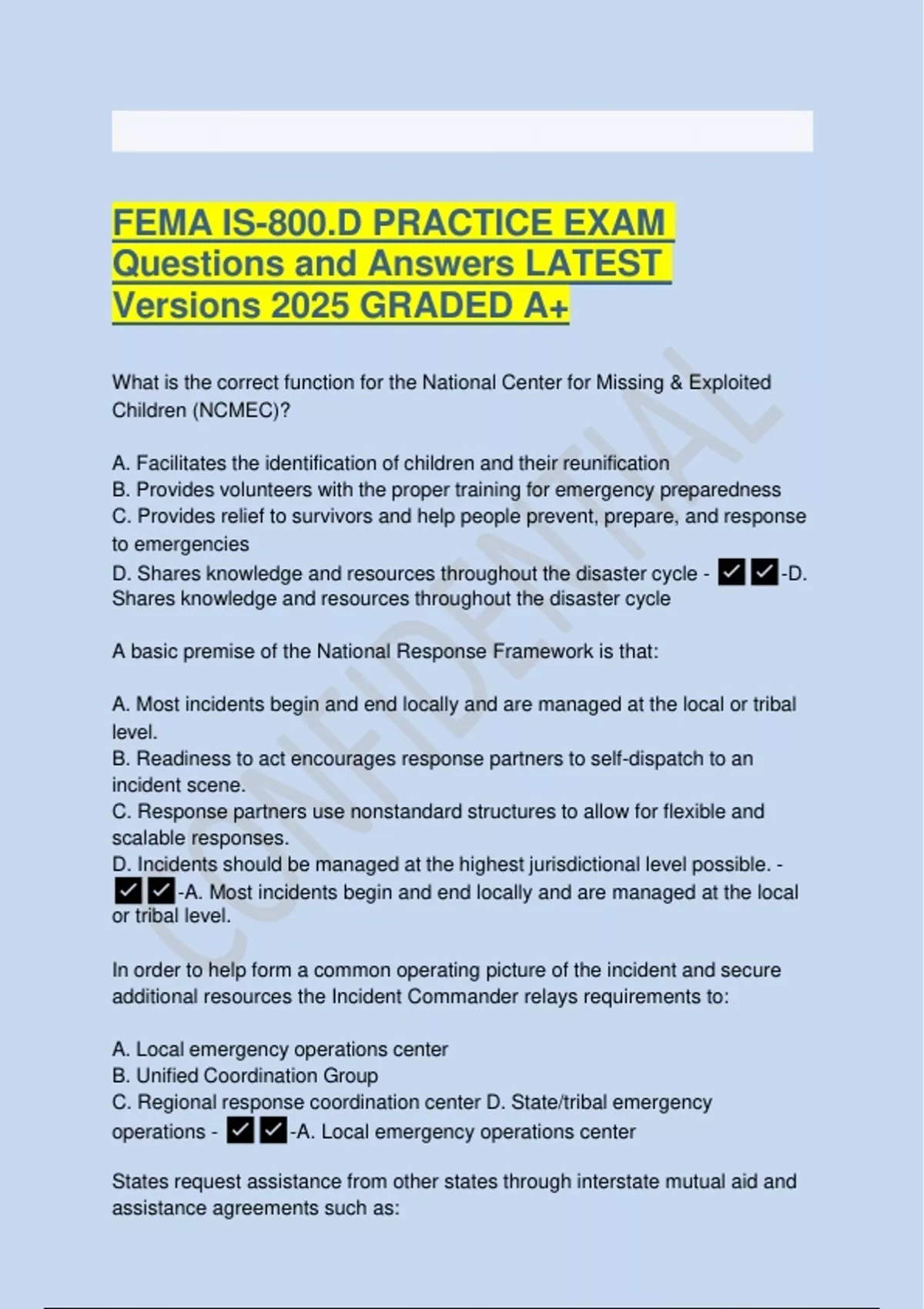 FEMA IS-800.D PRACTICE EXAM Questions and Answers LATEST Versions 2025 ...