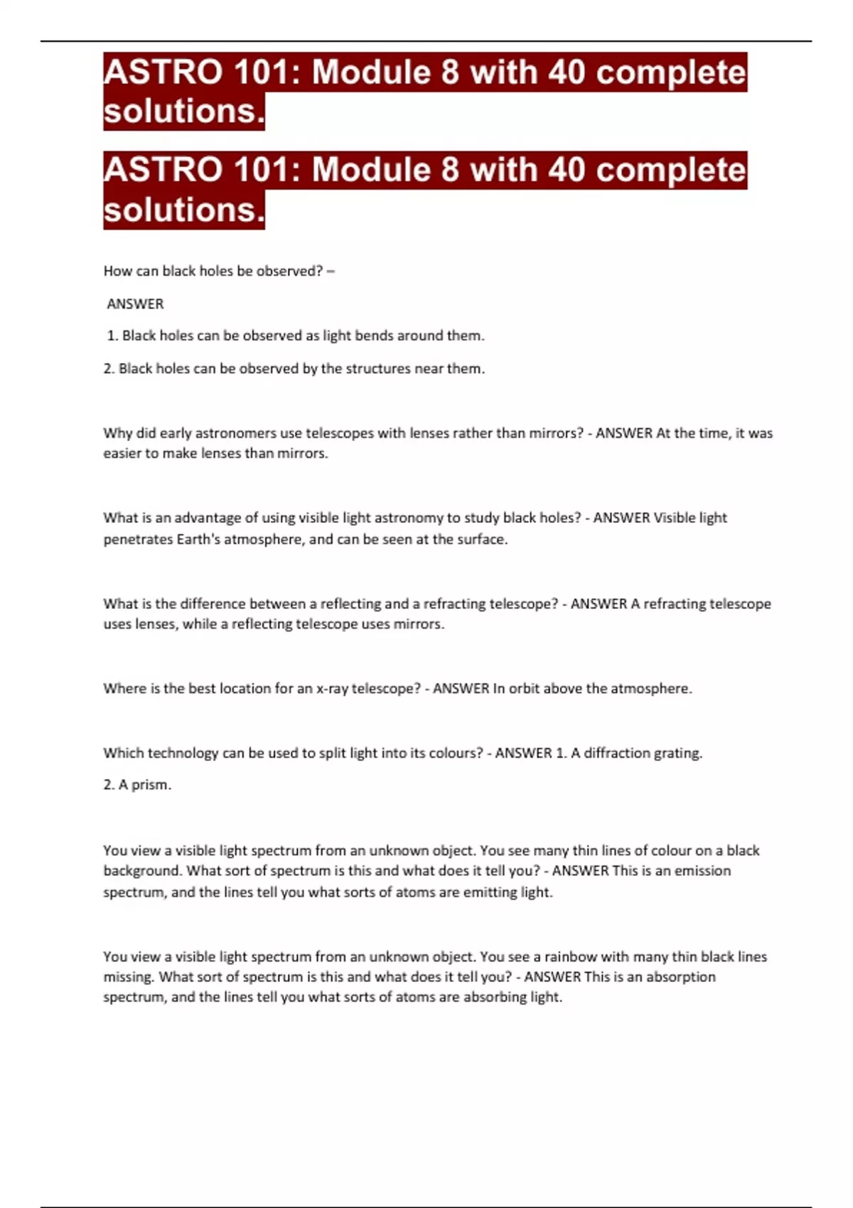 ASTRO 101: Module 8 with 40 complete solutions. - Astronomy - Stuvia US