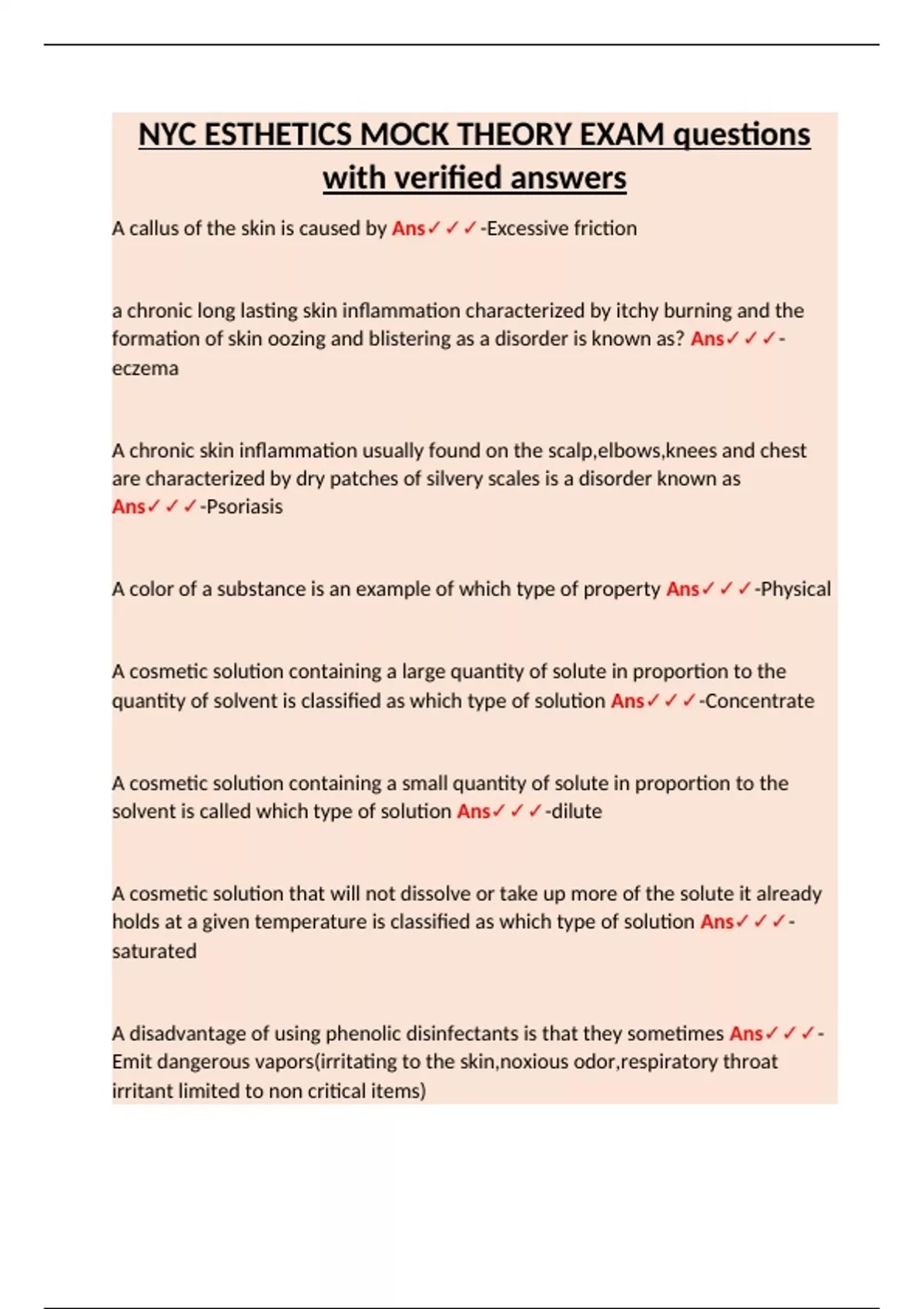 NYC ESTHETICS MOCK THEORY EXAM questions with verified answers - NYS ...