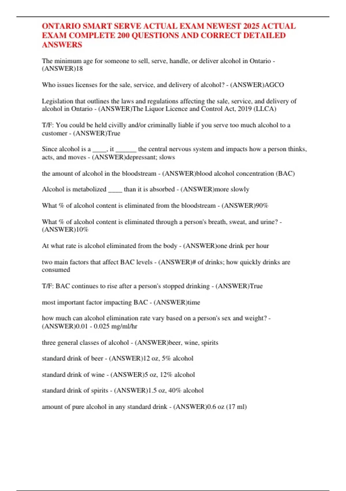 ONTARIO SMART SERVE ACTUAL EXAM NEWEST 2025 ACTUAL EXAM COMPLETE 200 ...