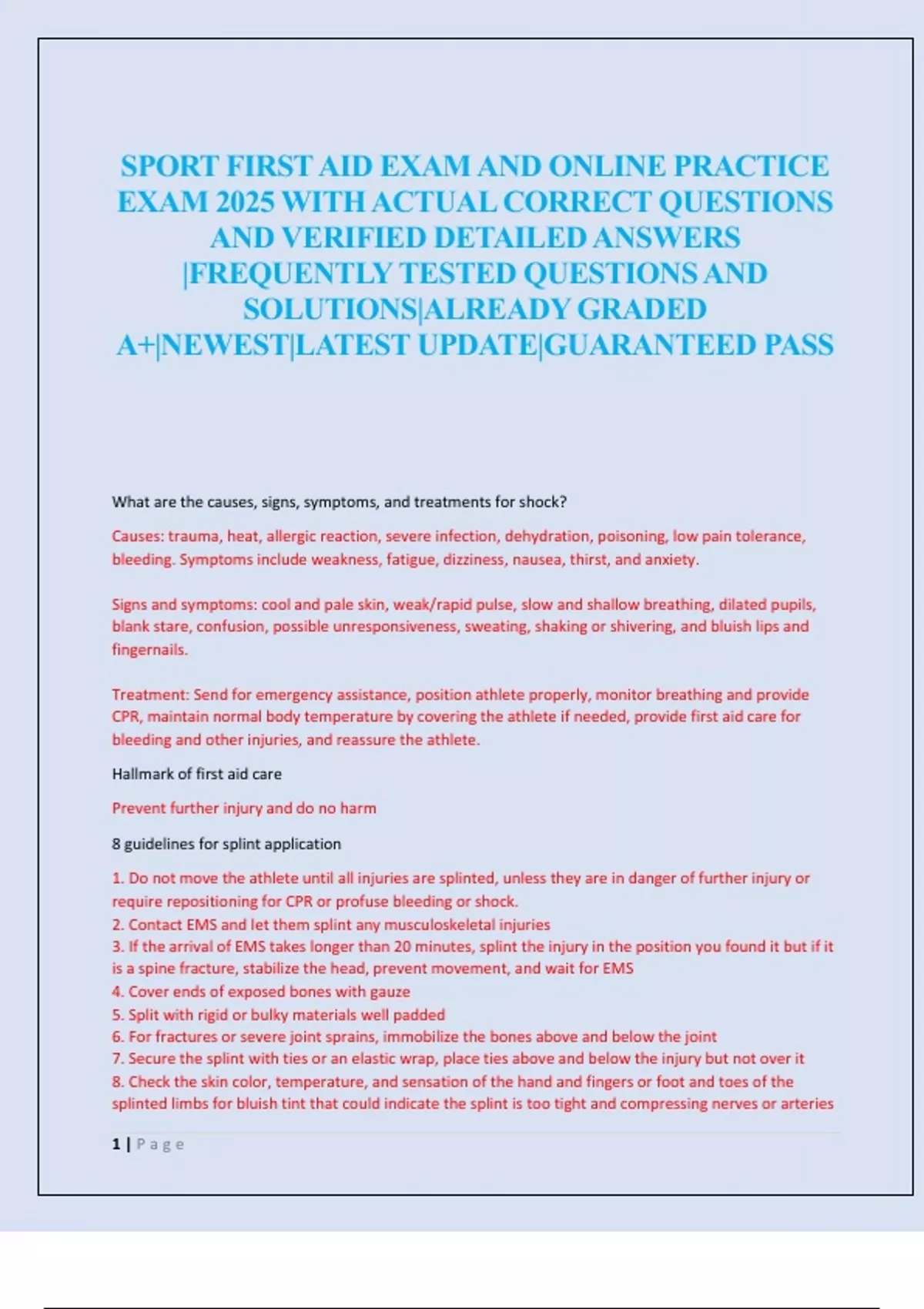 SPORT FIRST AID EXAM AND ONLINE PRACTICE EXAM 2025 WITH ACTUAL CORRECT ...