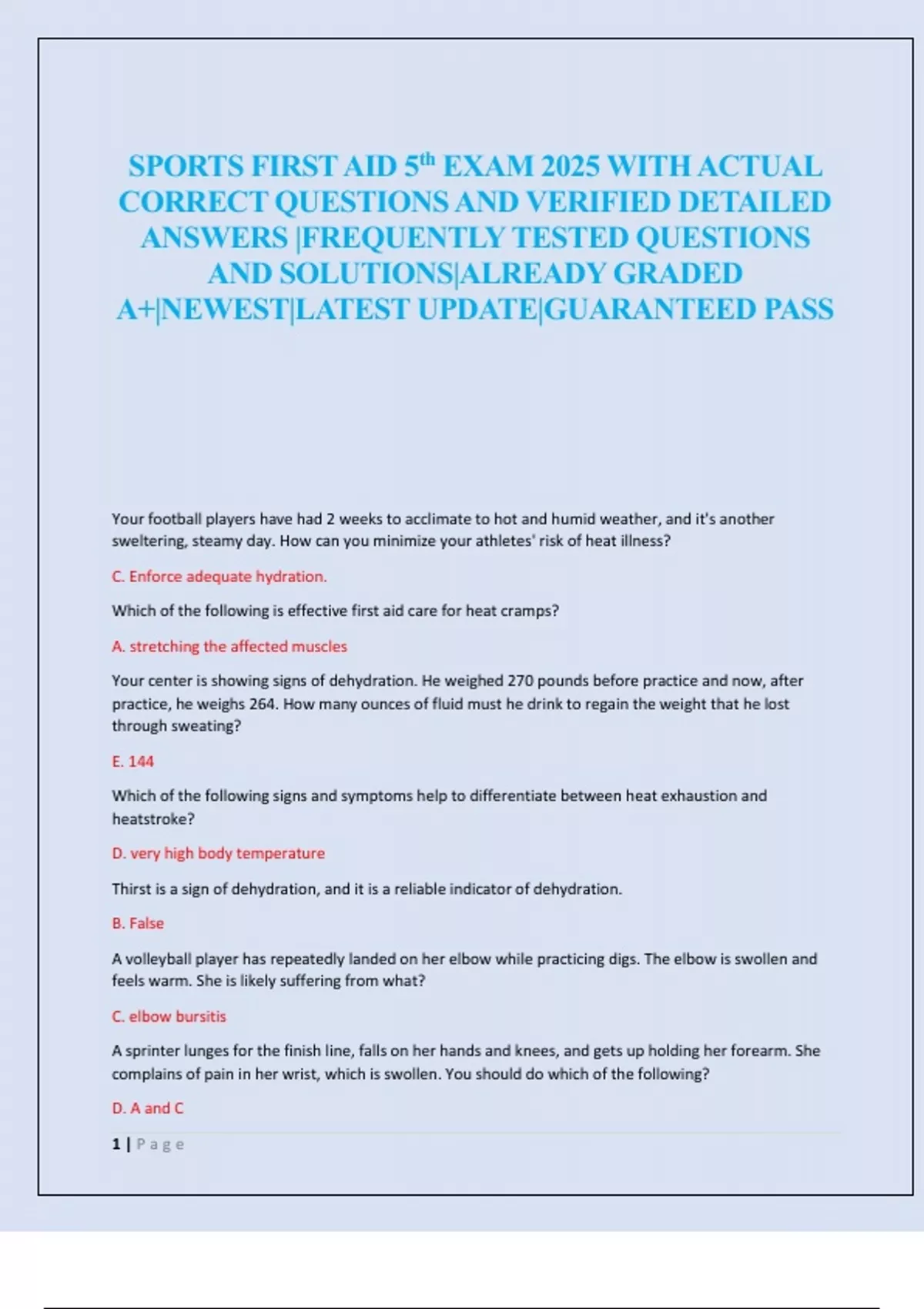 SPORTS FIRST AID 5th EXAM 2025 WITH ACTUAL CORRECT QUESTIONS AND ...