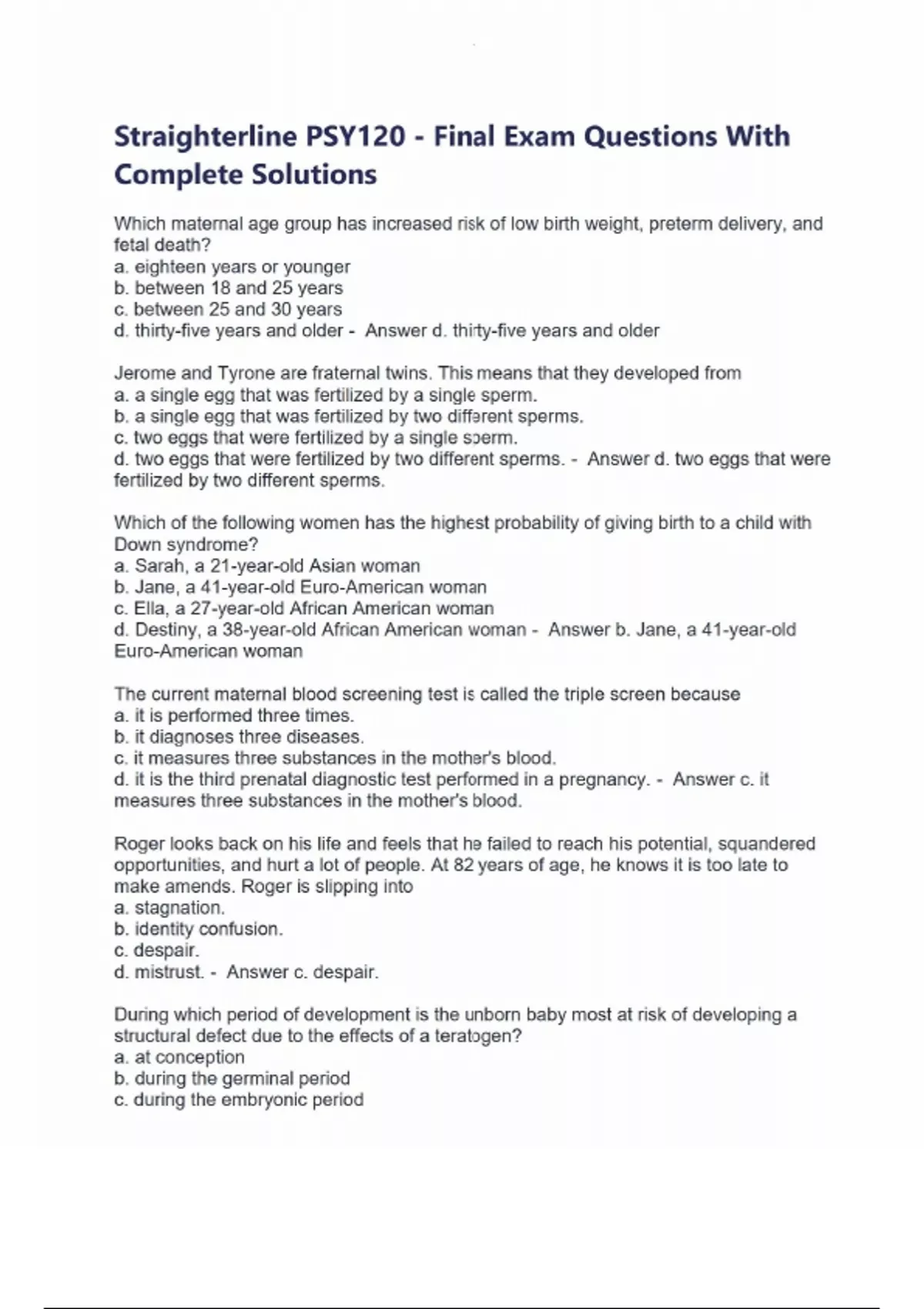 Straighterline PSY120 - Final Exam Questions With Complete Solutions ...
