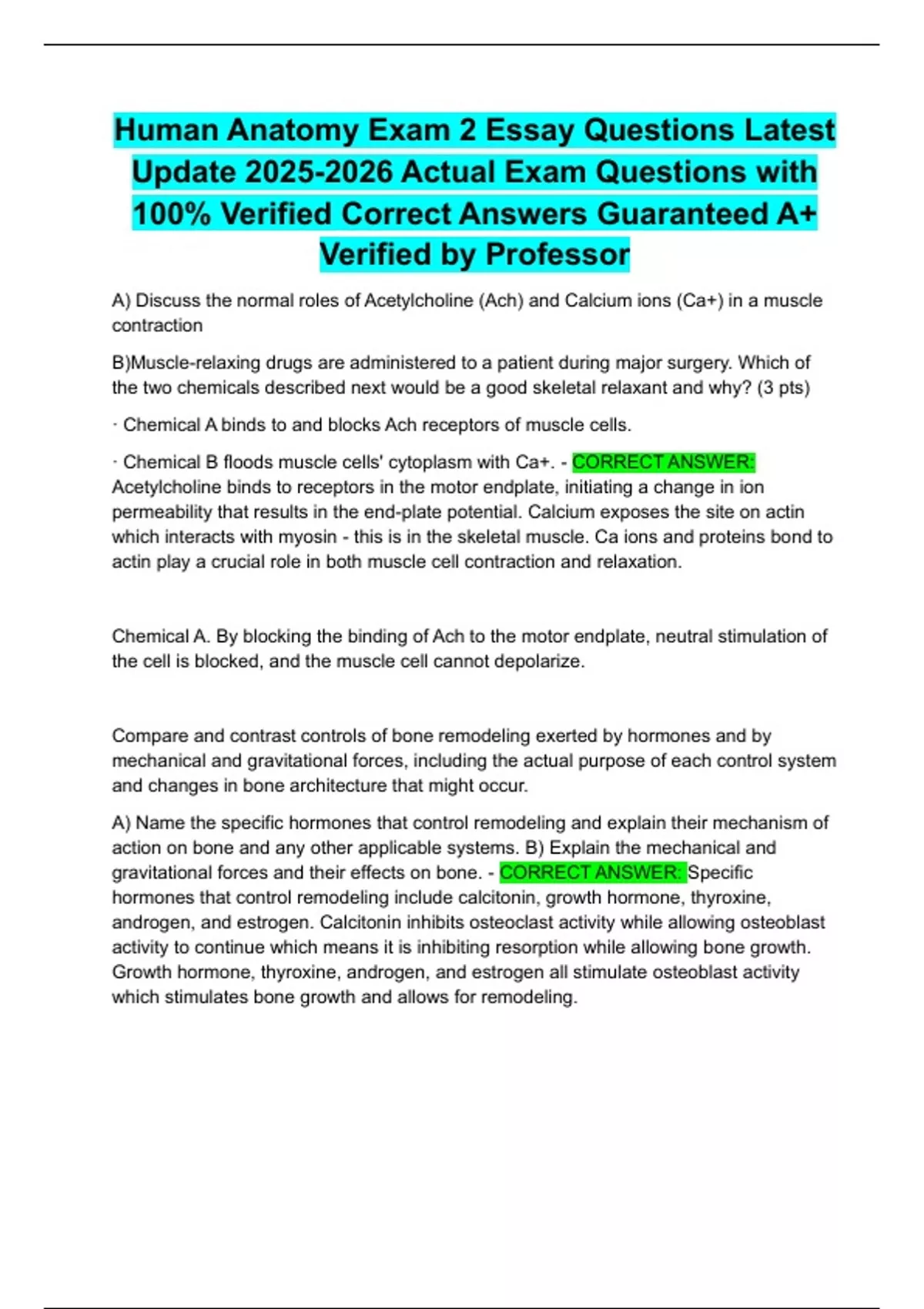 Human Anatomy Exam 2 Essay Questions Latest Update Actual Exam ...