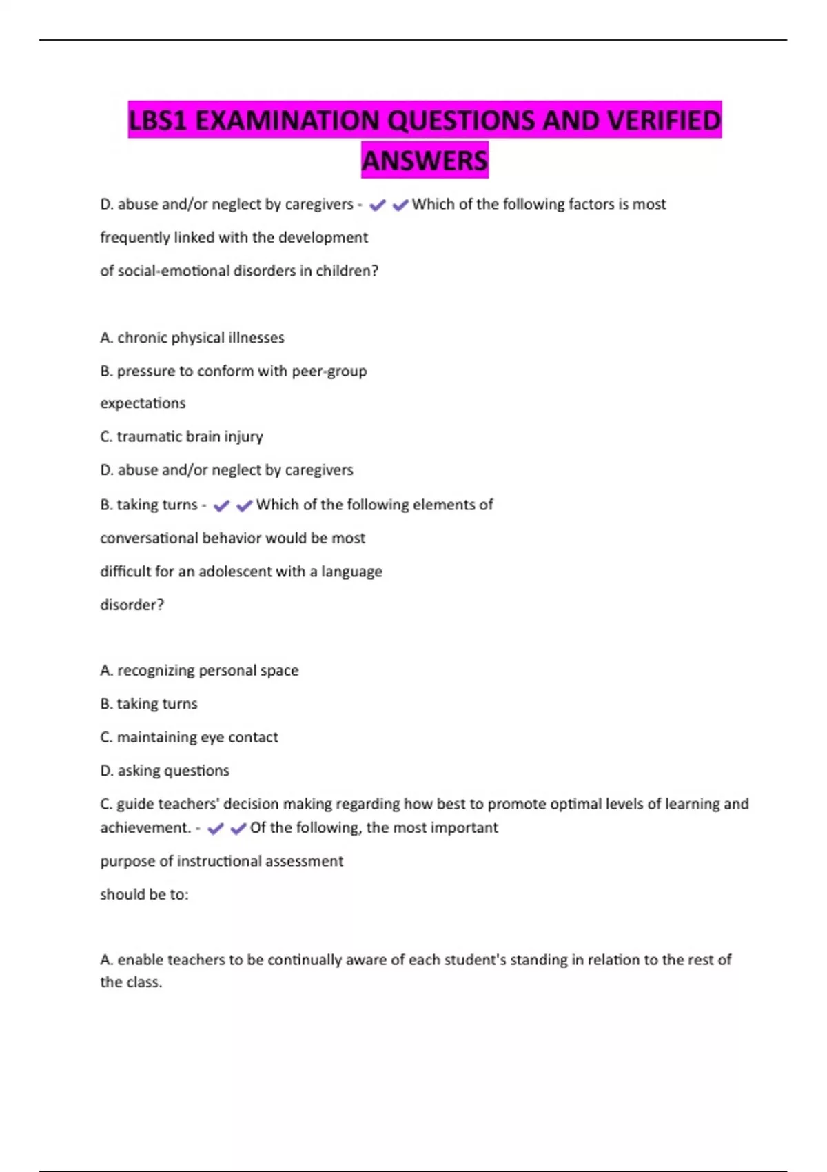 LBS1 EXAMINATION QUESTIONS AND VERIFIED ANSWERS - LBS1 - Stuvia US