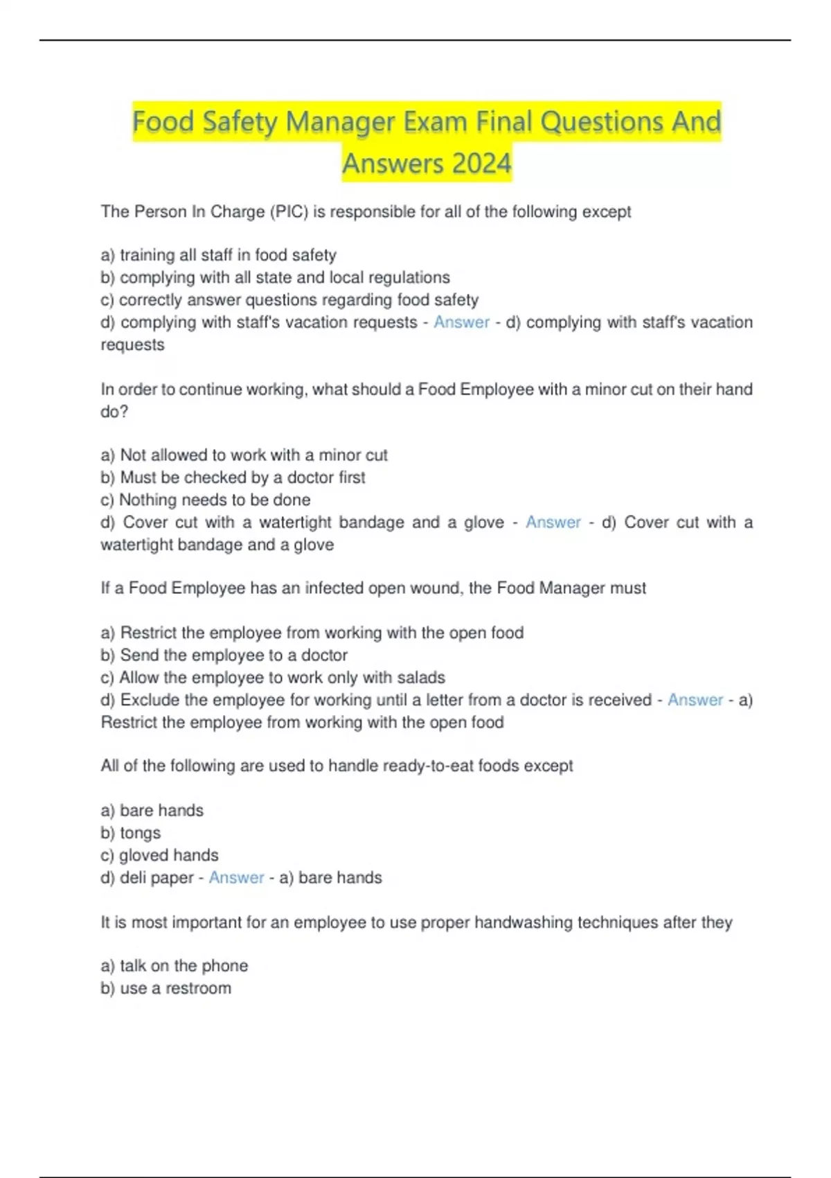 Food Safety Manager Exam Final Questions And Answers 2024 - Food Safety ...