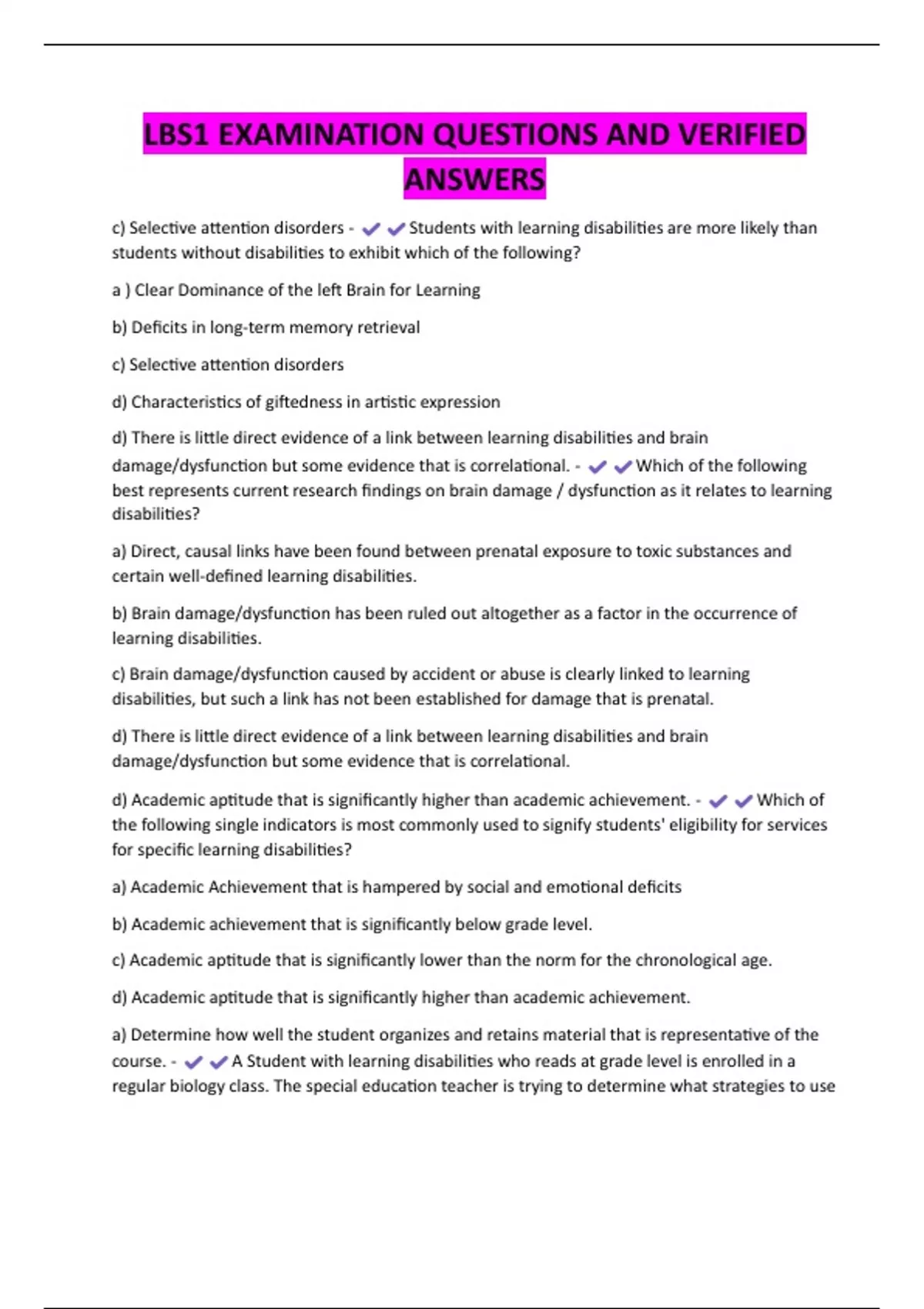 LBS1 EXAMINATION QUESTIONS AND VERIFIED ANSWERS - LBS1 - Stuvia US