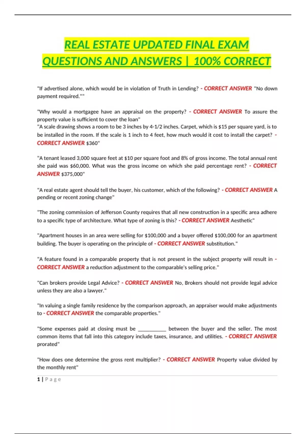 REAL ESTATE UPDATED FINAL EXAM QUESTIONS AND ANSWERS | 100% CORRECT ...