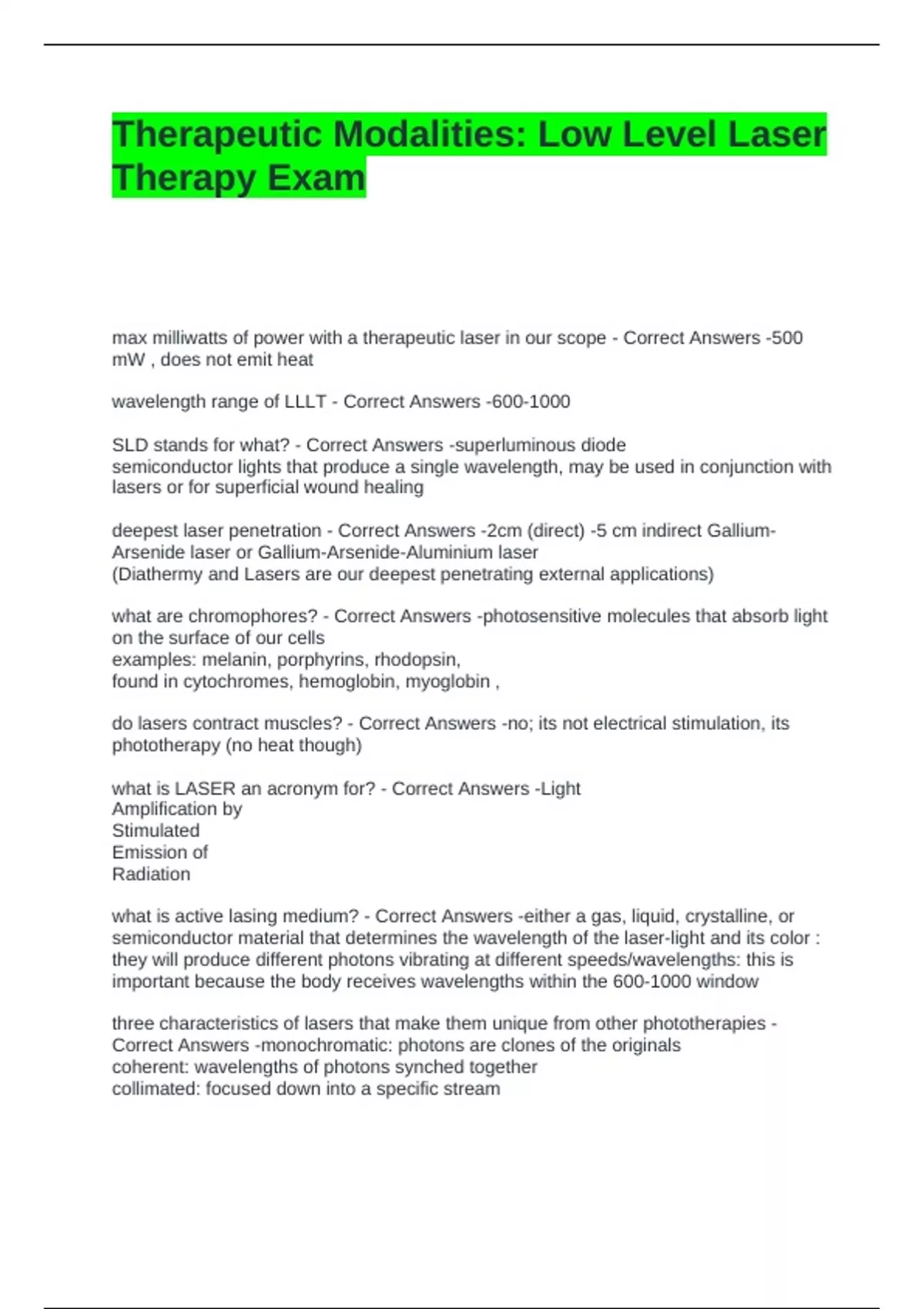 Therapeutic Modalities Low Level Laser Therapy Exam Questions and ...