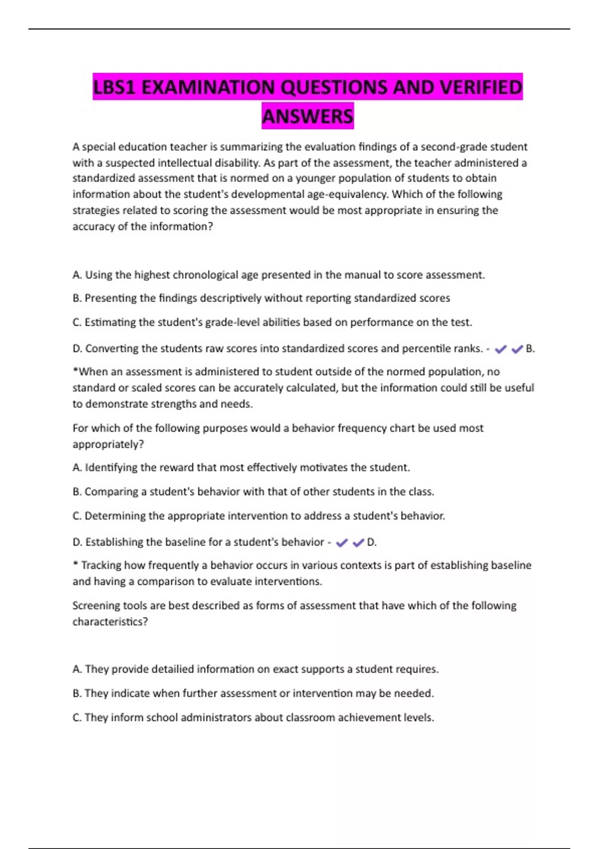 LBS1 prep assessment guide(the latest quizzes) AND VERIFIED ANSWERS for ...