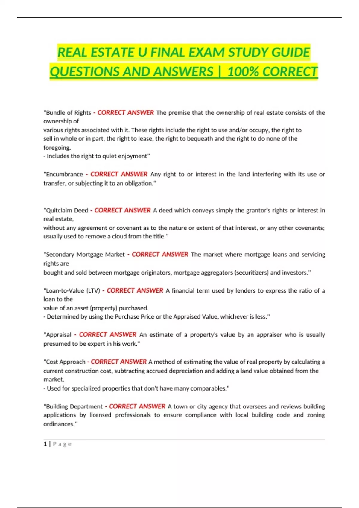 REAL ESTATE U FINAL EXAM STUDY GUIDE QUESTIONS AND ANSWERS | 100% ...
