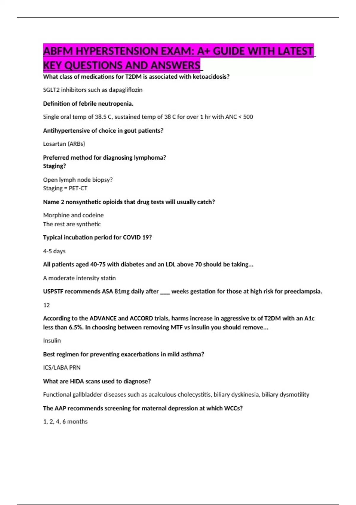 ABFM HYPERSTENSION EXAM: A+ GUIDE WITH LATEST KEY QUESTIONS AND ANSWERS ...