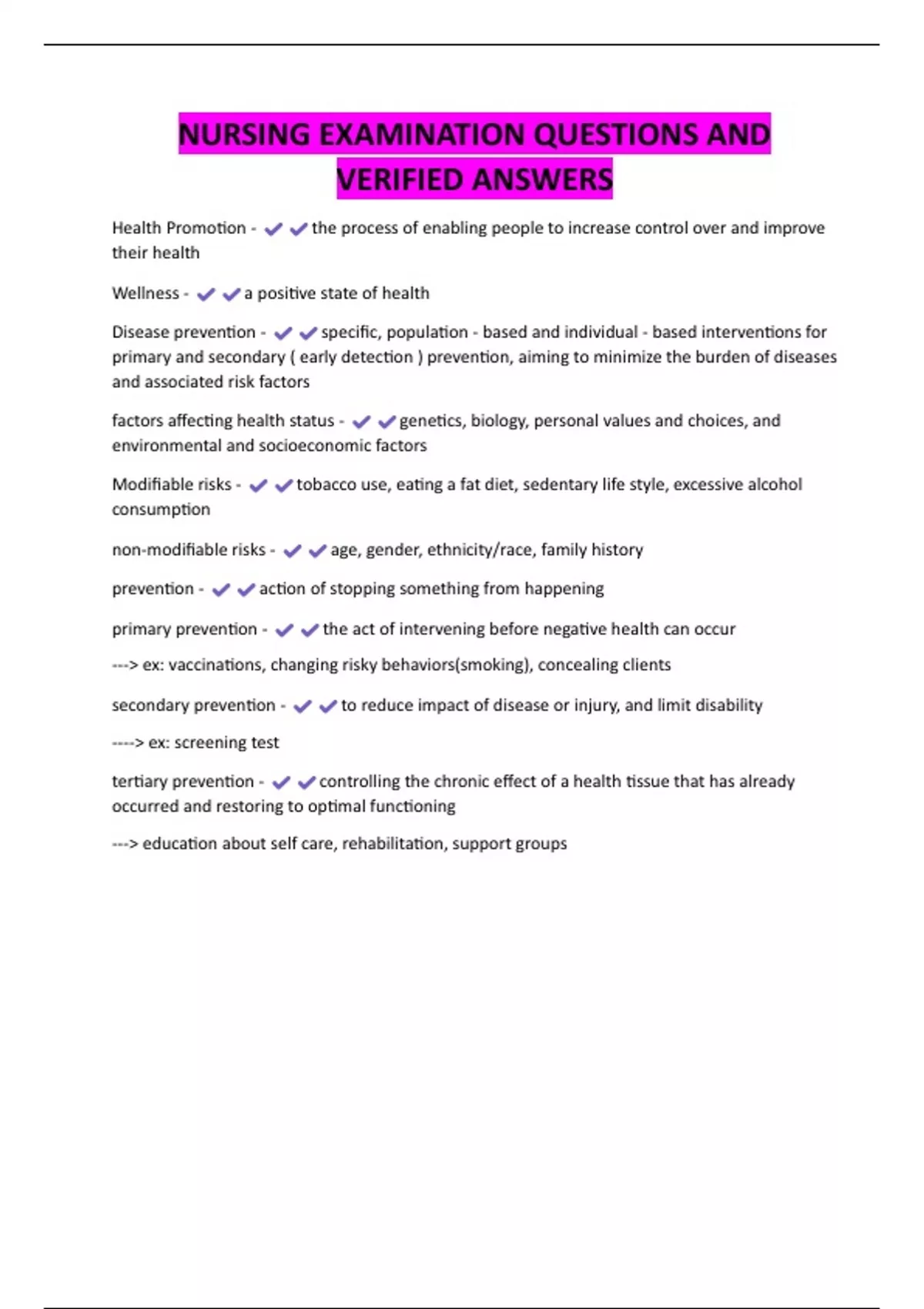 NURSING EXAMINATION QUESTIONS AND VERIFIED ANSWERS - NUR - Stuvia US