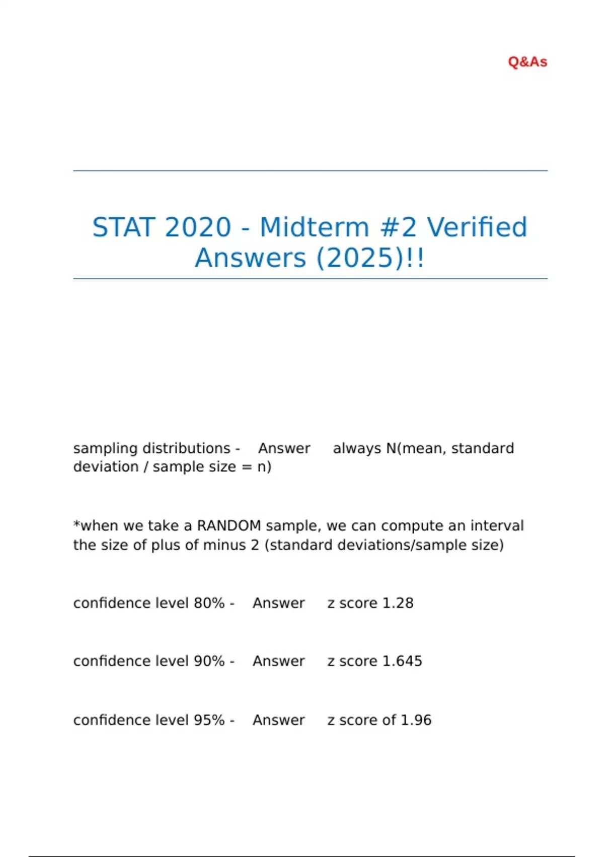 STAT 2020 - Midterm -2 Verified Answers (2025)!! - STAT 2020 - Stuvia US