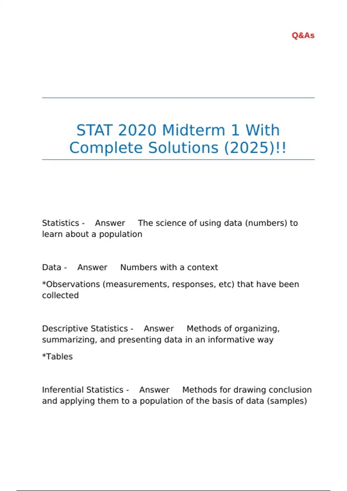 STAT 2020 Midterm 1 With Complete Solutions (2025)!! - STAT 2020 - Stuvia US