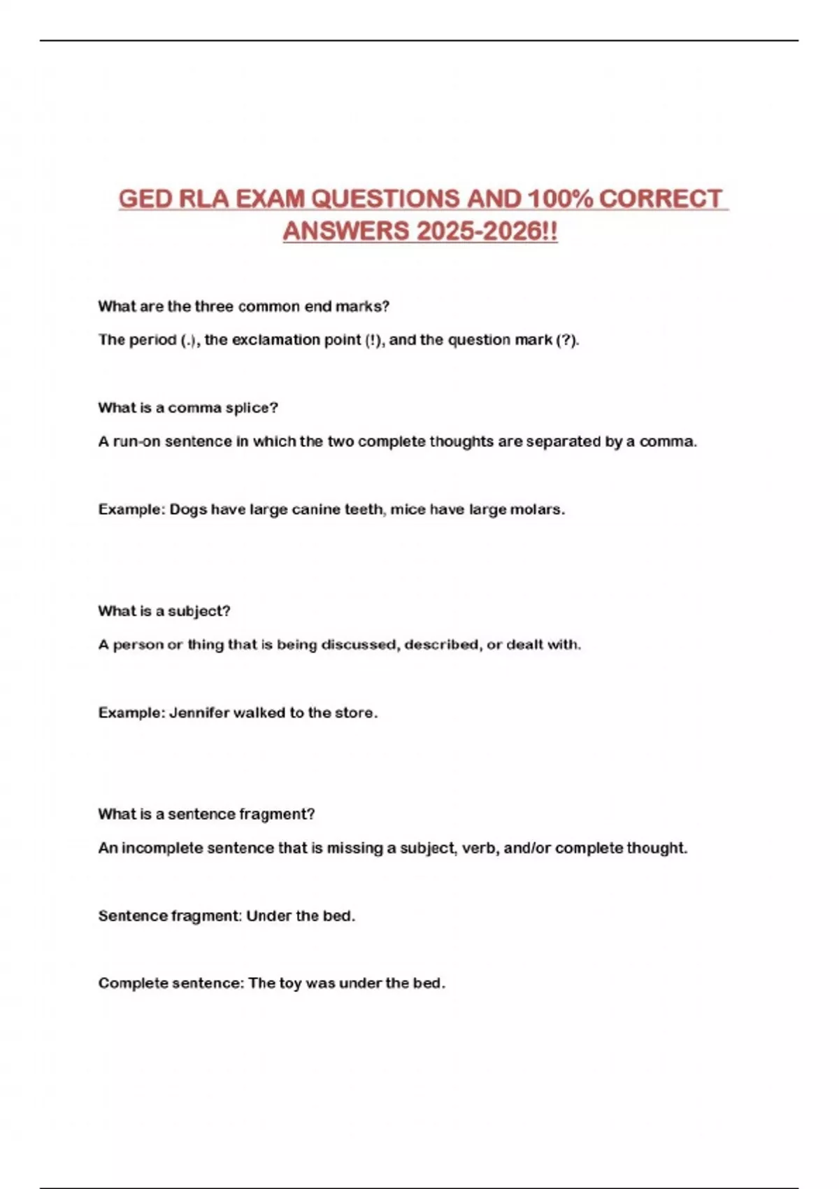 GED RLA EXAM QUESTIONS AND 100% CORRECT ANSWERS !! - GED RLA - Stuvia US