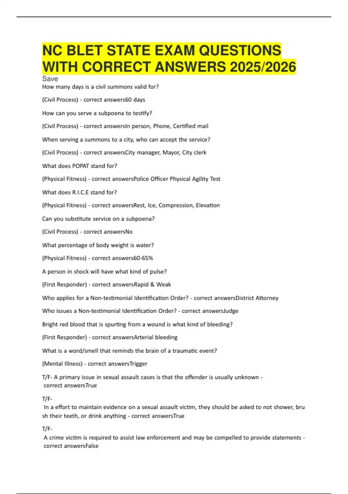 NC BLET STATE EXAM QUESTIONS WITH CORRECT ANSWERS 2025 vb - NC BLET STATE - Stuvia US