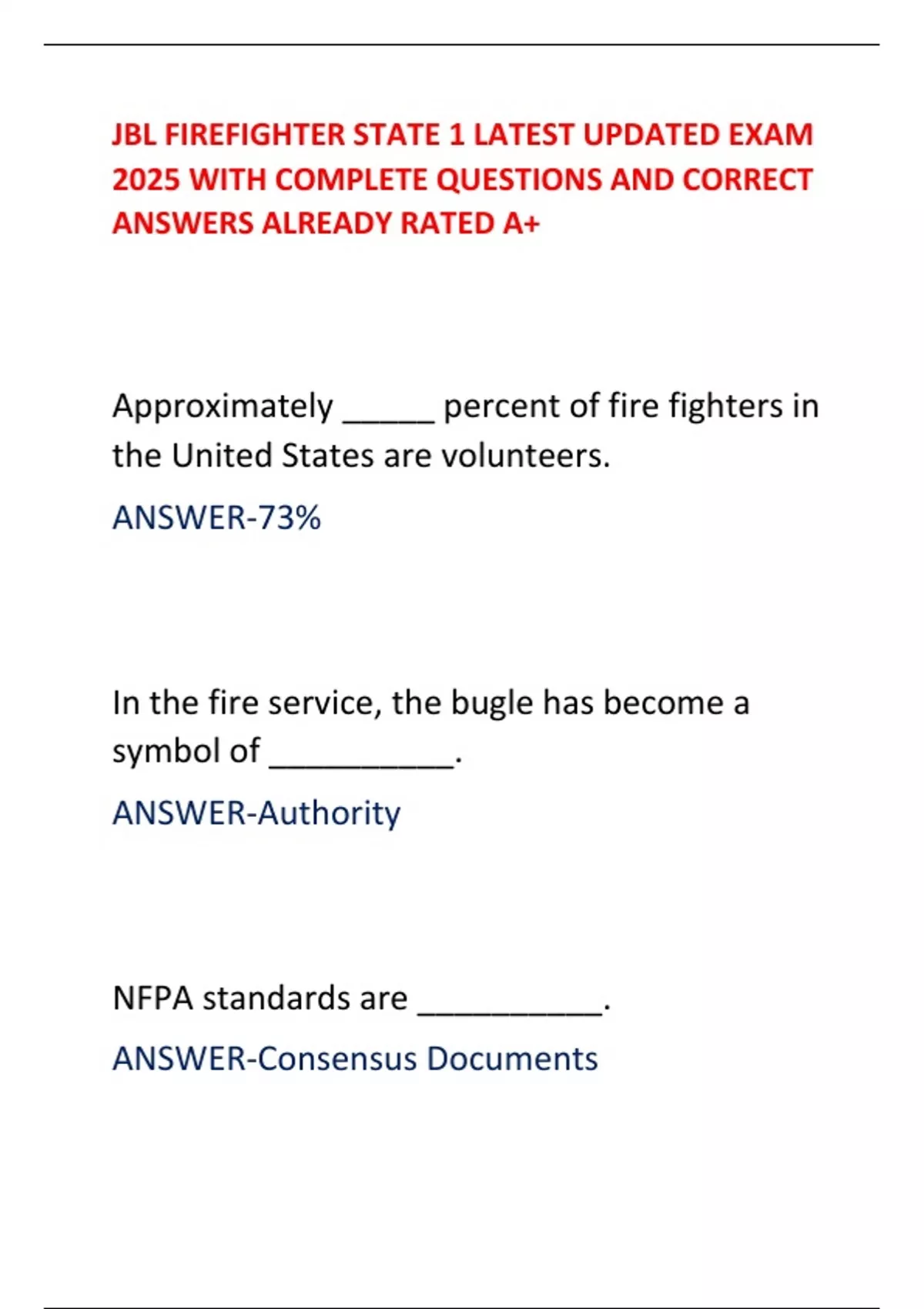JBL FIREFIGHTER STATE 1 LATEST UPDATED EXAM 2025 WITH COMPLETE ...