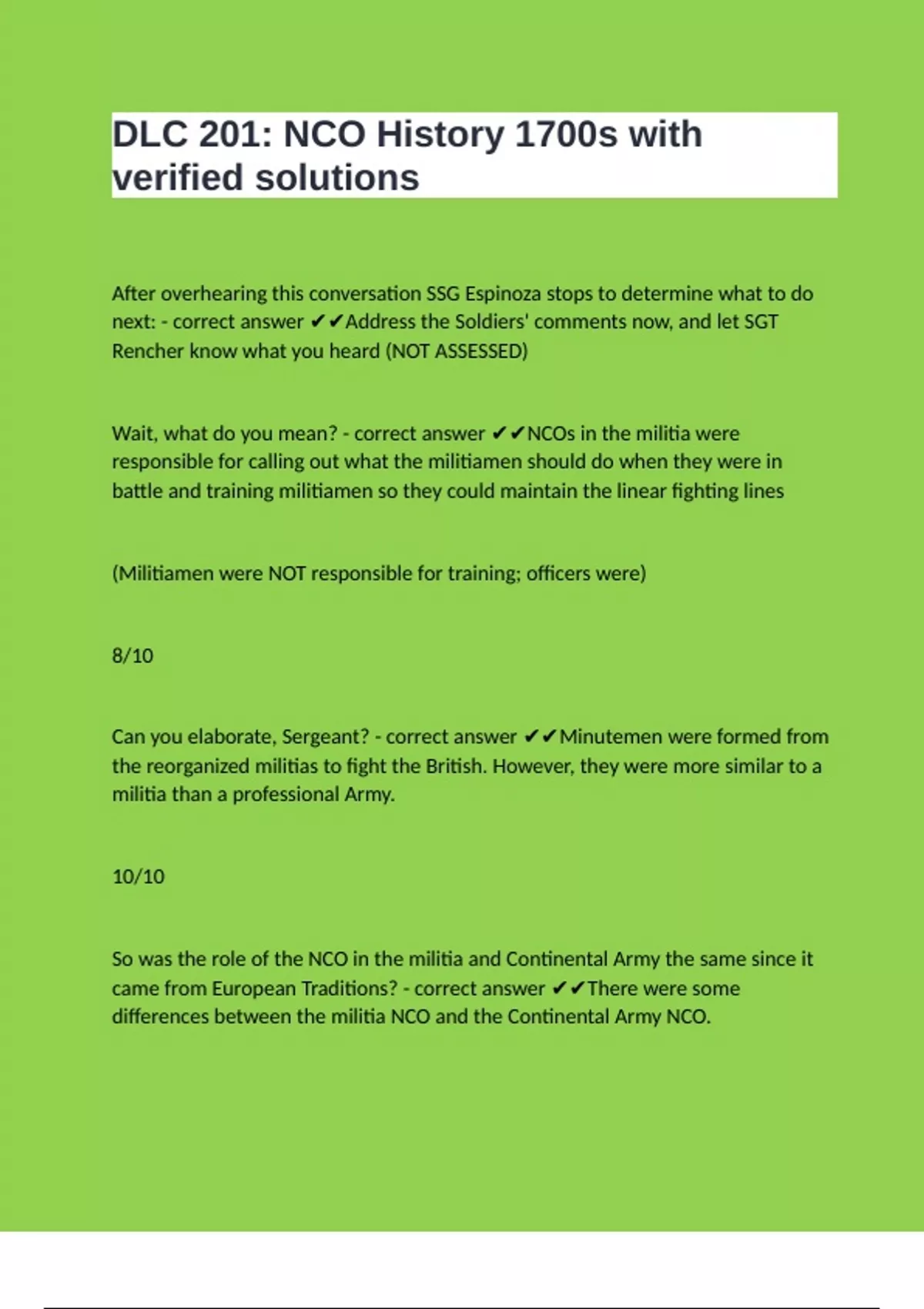 DLC 201: NCO History 1700s with verified solutions - DLC 201 - Stuvia US