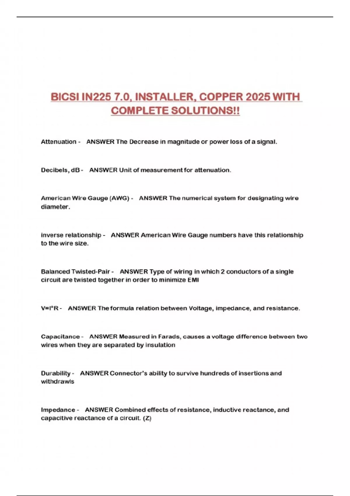 BICSI IN225 7.0, INSTALLER, COPPER 2025 WITH COMPLETE SOLUTIONS!! - BICSI IN225 7.0, INSTALLER ...