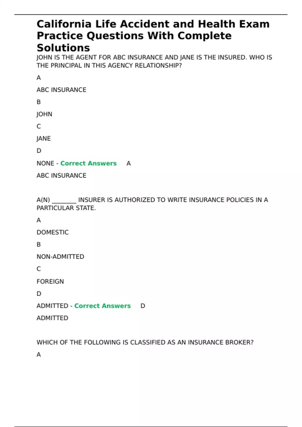California Life Accident and Health Exam Practice Questions With ...
