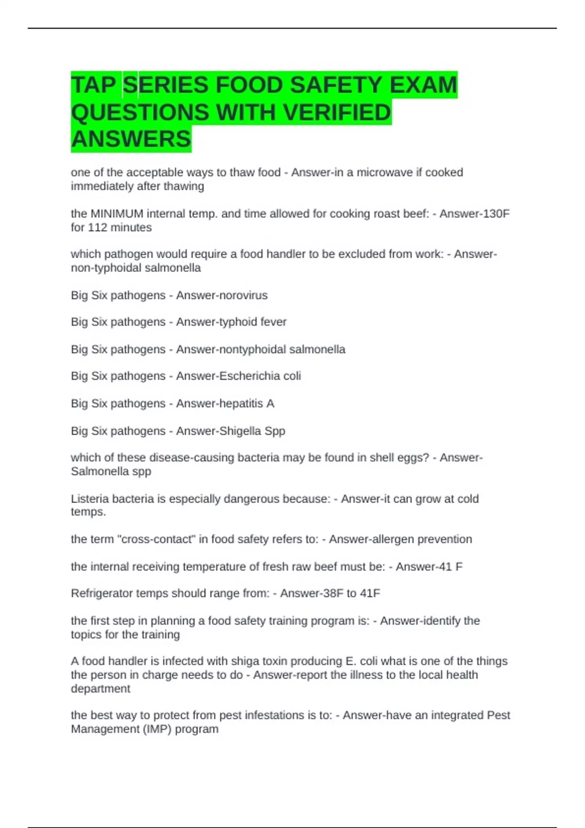 TAP SERIES FOOD SAFETY EXAM QUESTIONS WITH VERIFIED ANSWERS - TAP FOOD ...