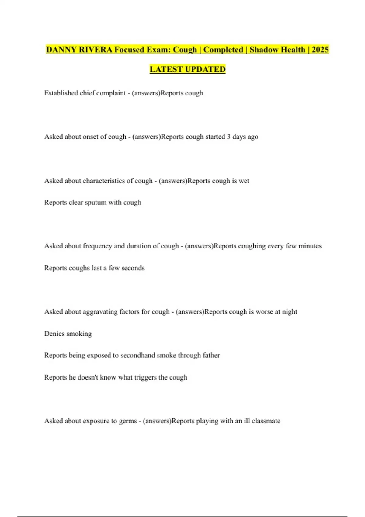 DANNY RIVERA Focused Exam: Cough | Completed | Shadow Health | 2025 ...