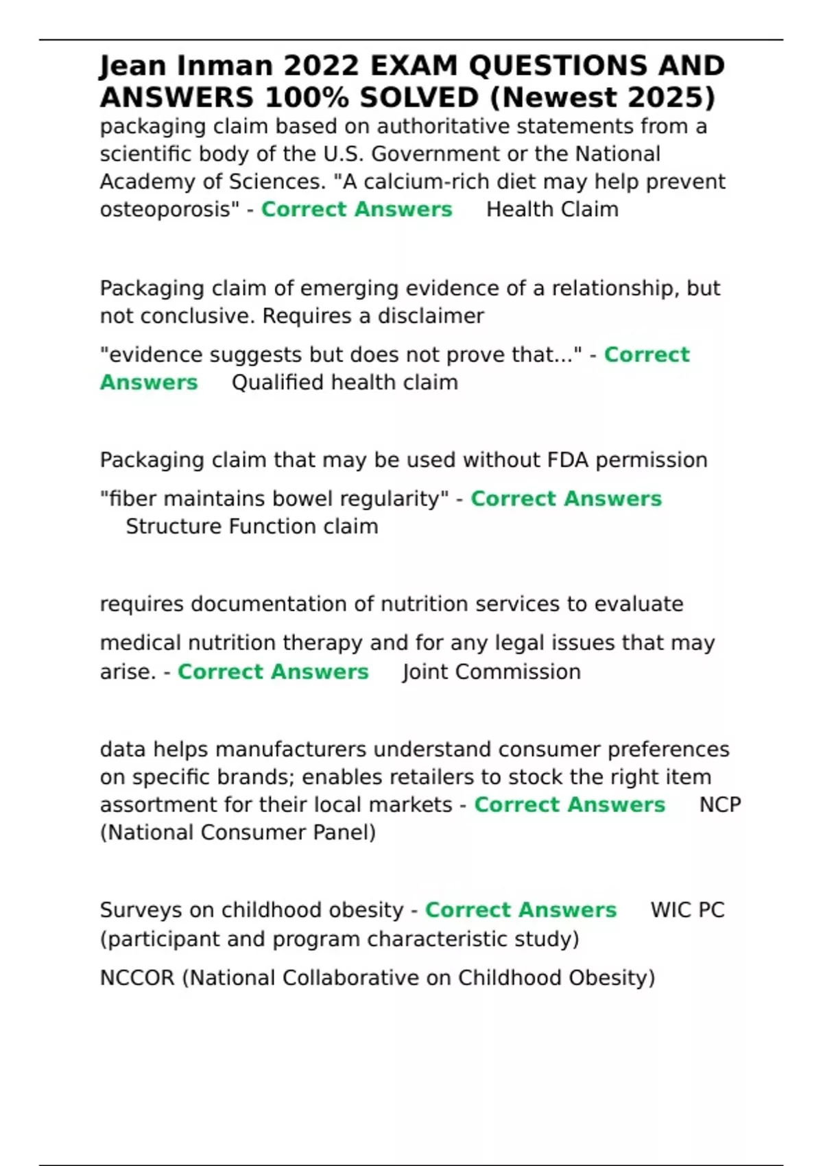 Jean Inman 2022 EXAM QUESTIONS AND ANSWERS 100- SOLVED (Newest 2025 ...