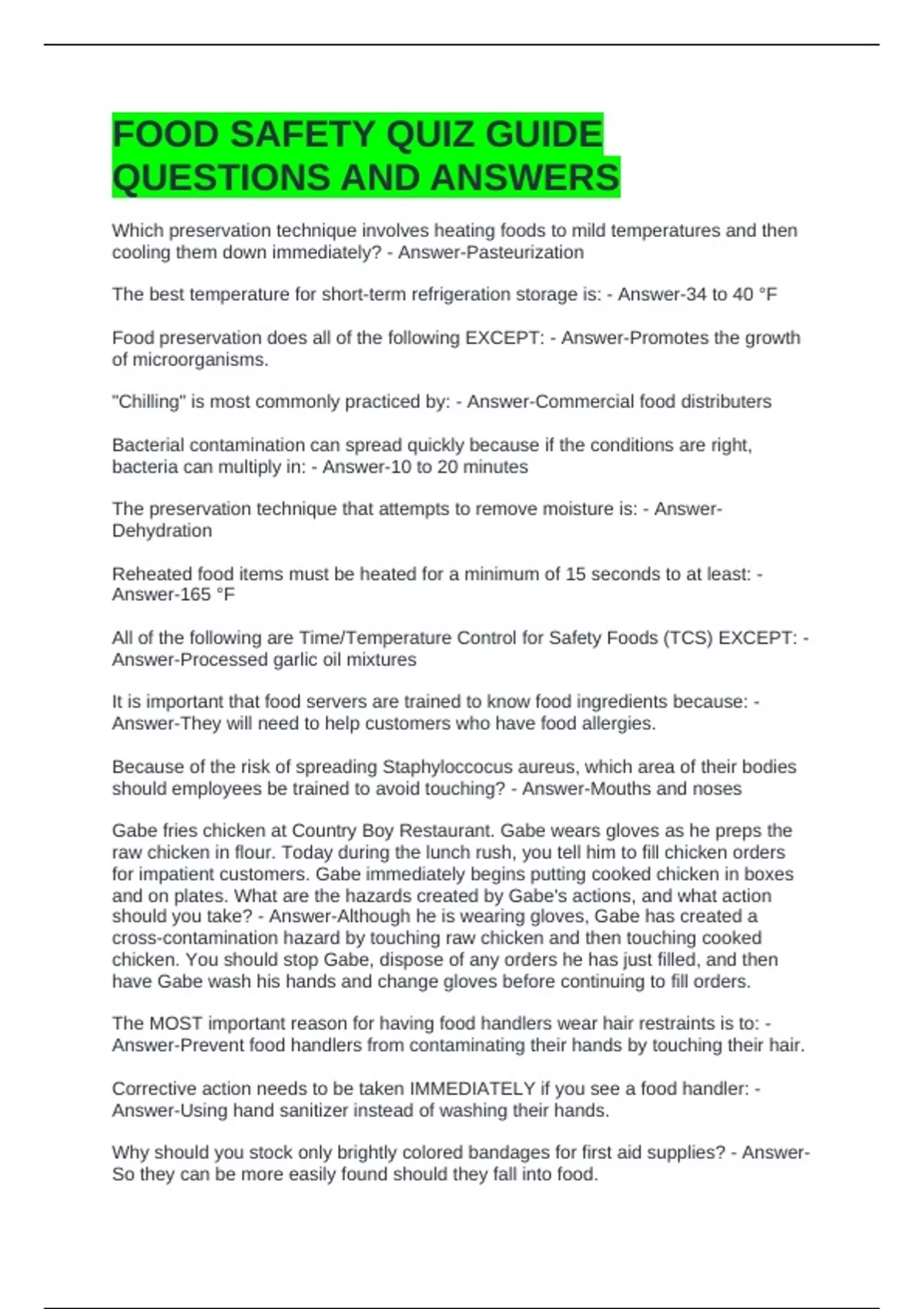 FOOD SAFETY QUIZ GUIDE QUESTIONS AND ANSWERS - TAP FOOD SAFETY - Stuvia US