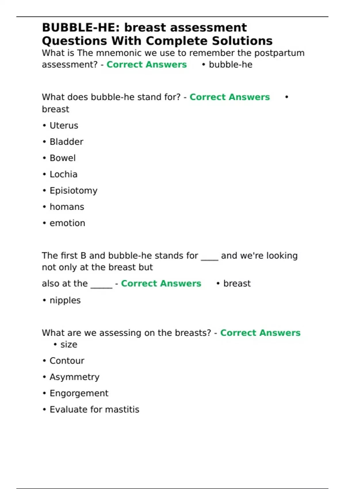 BUBBLE-HE breast assessment Questions With Complete Solutions - BUBBLE ...