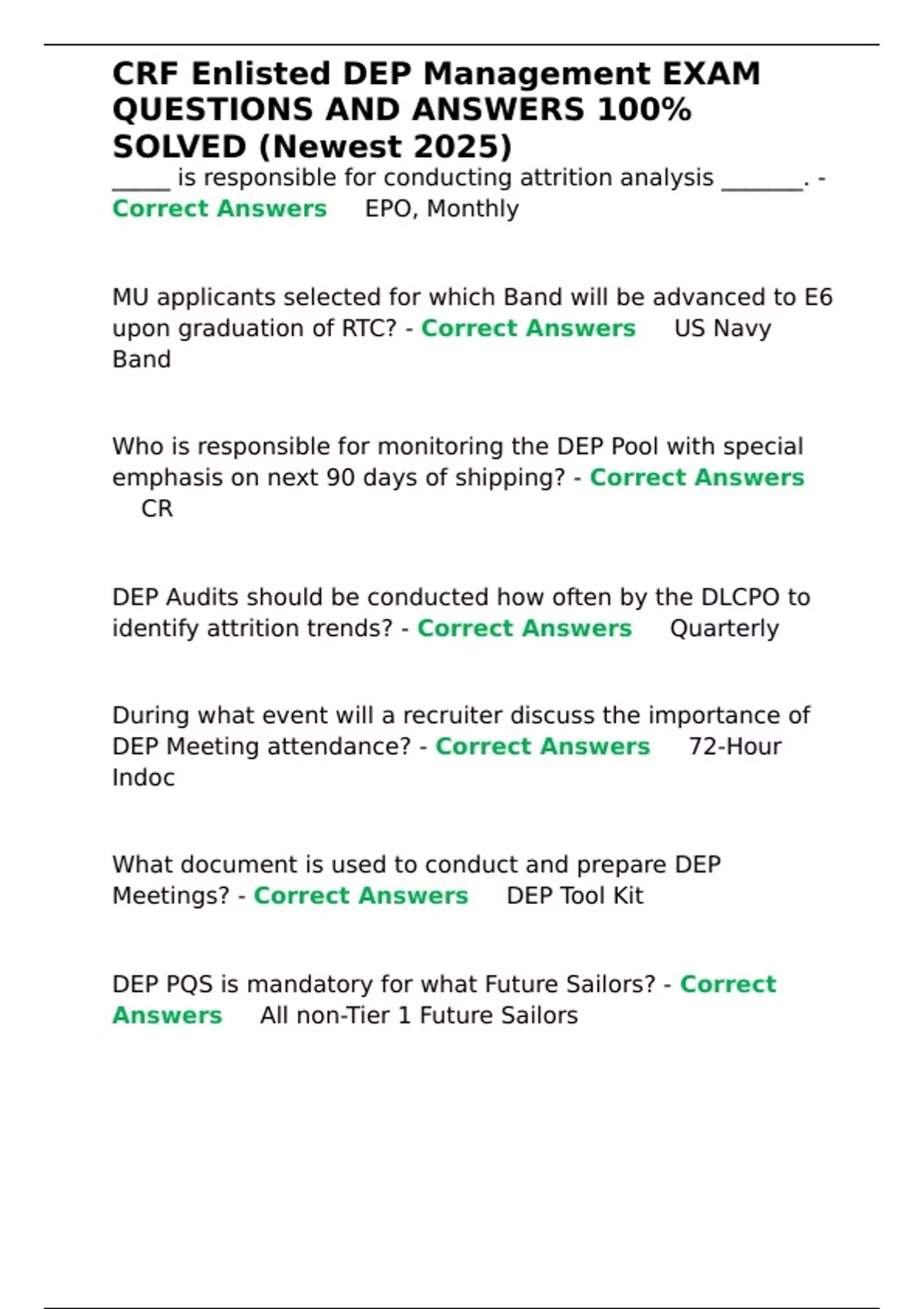CRF Enlisted DEP Management EXAM QUESTIONS AND ANSWERS 100- SOLVED ...