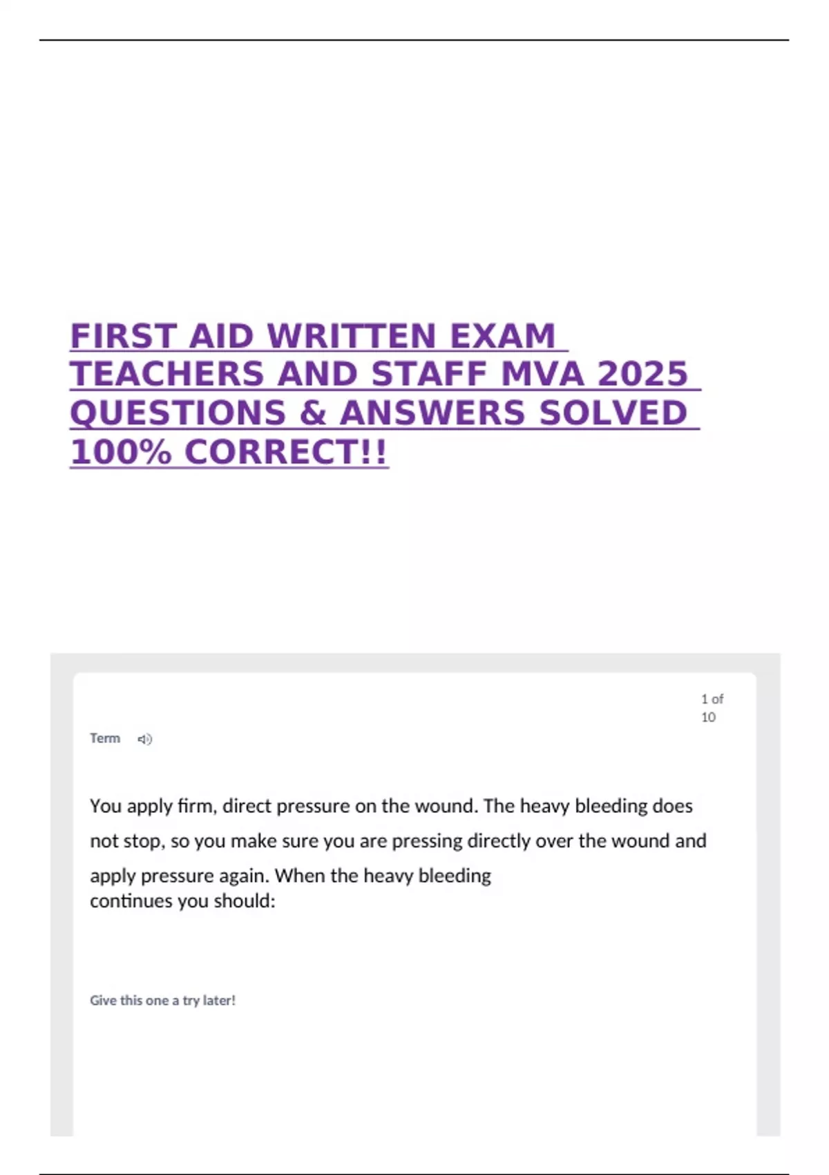 FIRST AID WRITTEN EXAM TEACHERS AND STAFF MVA 2025 QUESTIONS & ANSWERS ...