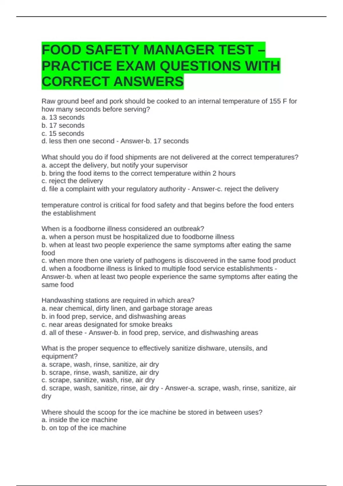 FOOD SAFETY MANAGER TEST – PRACTICE EXAM QUESTIONS WITH CORRECT ANSWERS ...