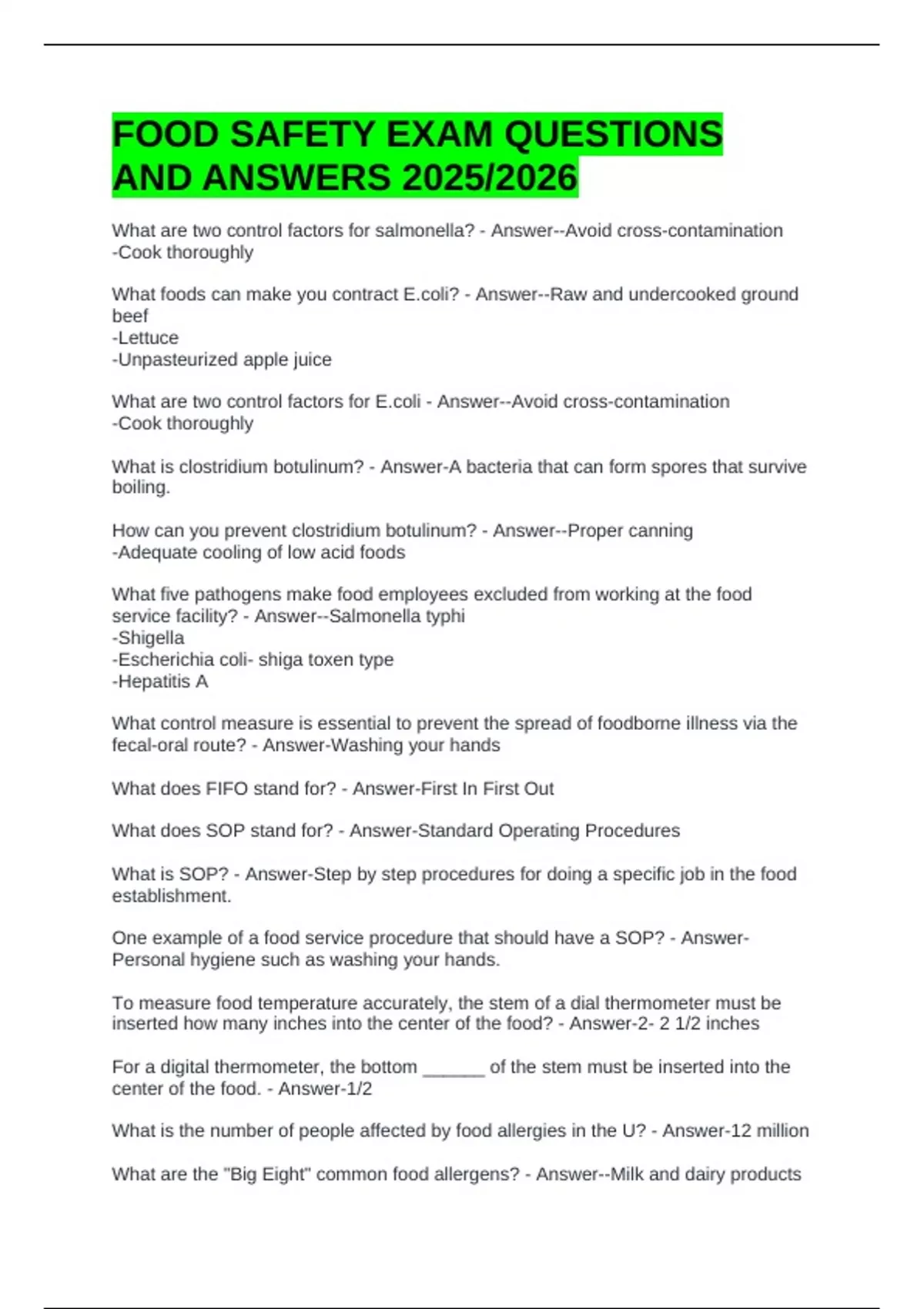 FOOD SAFETY EXAM QUESTIONS AND ANSWERS 2025/2026 - TAP FOOD SAFETY ...