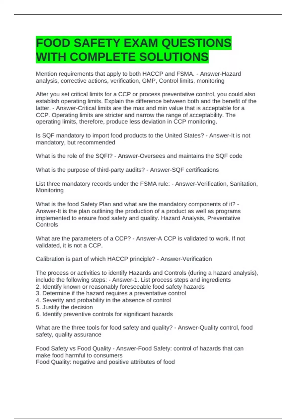 FOOD SAFETY EXAM QUESTIONS WITH COMPLETE SOLUTIONS - TAP FOOD SAFETY ...