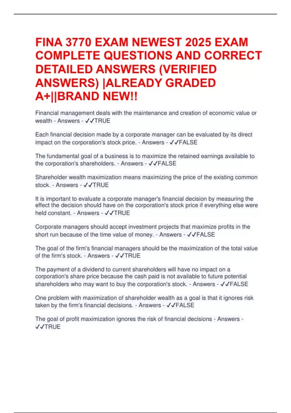FINA 3770 EXAM NEWEST 2025 EXAM COMPLETE QUESTIONS AND CORRECT DETAILED ...