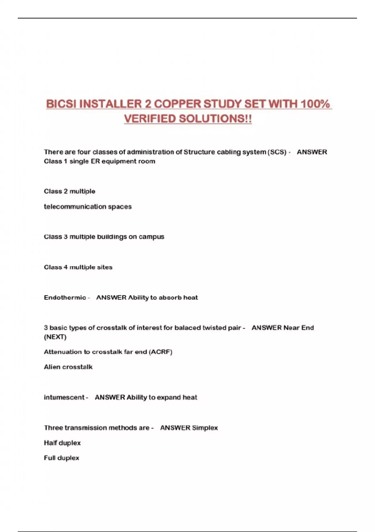 BICSI INSTALLER 2 COPPER STUDY SET WITH 100% VERIFIED SOLUTIONS!! - BICSI INSTALLER 2 COPPER ...