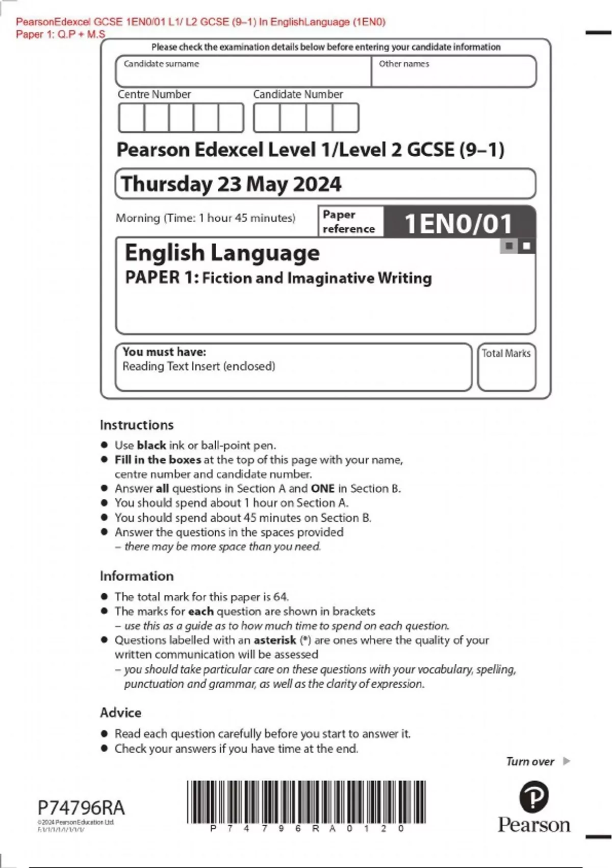 Pearson Edexcel GCSE 1EN0/01 Level 1/ Level 2 GCSE (9–1) In English ...