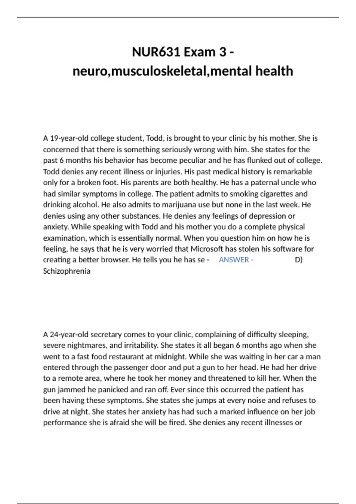 NUR631 Exam 3 -neuro,musculoskeletal,mental health - NUR631 neuro ...